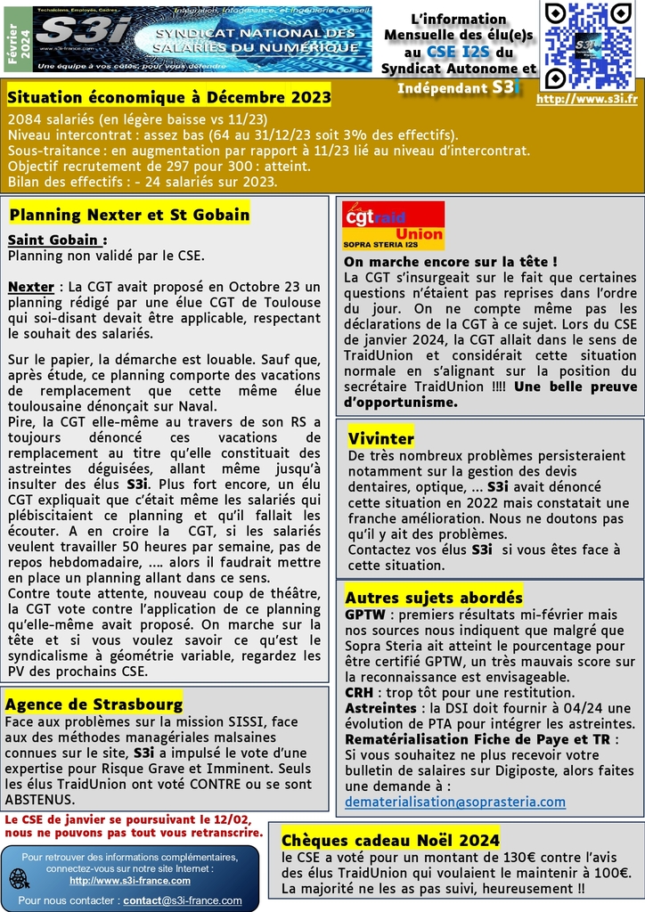 Information Syndicale et des élu(e)s au CSE Sopra Steria I2S et SSG ...